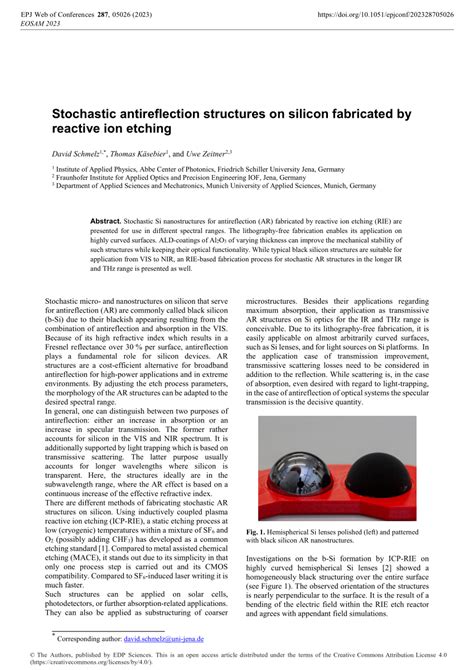 Pdf Stochastic Antireflection Structures On Silicon Fabricated By