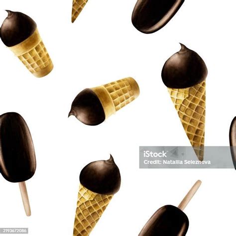 아이스 캔디가 있는 완벽한 패턴 바삭한 와플 콘에 초콜릿 글레이즈 아이스크림 한 스쿱 핸드 페인팅 달콤한 수채화 그림 절연 통하고 있는 배경 디자이너 메뉴 상점 장식