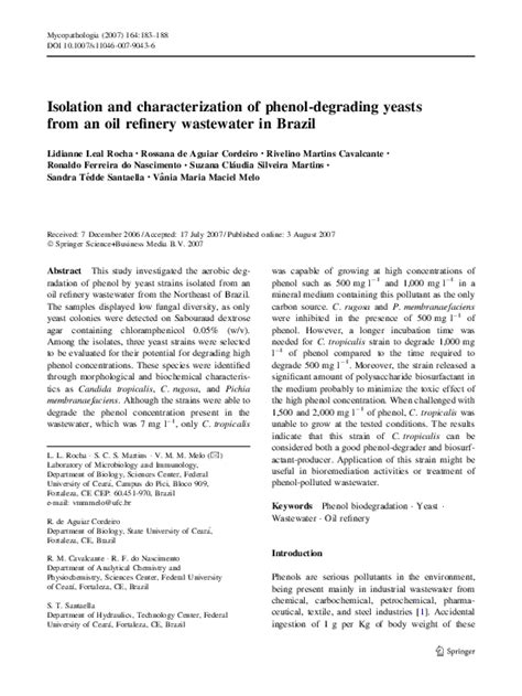 Pdf Isolation And Characterization Of Phenol Degrading Yeast