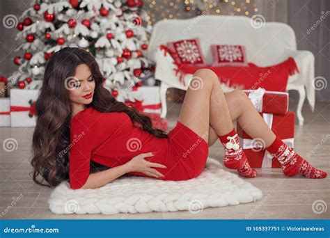 Christmas Beautiful Brunette Santa Girl Stock Image Image Of