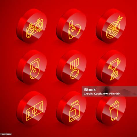 세트 라인 시간 체스 시계 볼링 핀과 공 화살표 케틀벨 메달 수상 컵 축구 또는 축구 장 과 스포츠 영양 아이콘 대상 벡터 3차원 형태에 대한 스톡 벡터 아트 및 기타