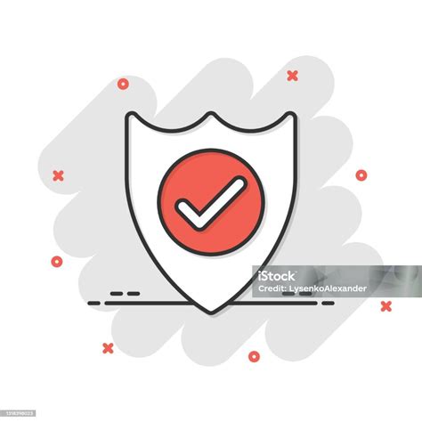 만화 스타일의 체크 마크 아이콘이있는 방패 흰색 격리 된 배경에 만화 벡터 그림을 보호합니다 체크마크 가드 스플래시 효과 비즈니스 컨셉 경호에 대한 스톡 벡터 아트 및 기타