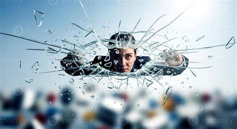 Determined Businesswoman Breaking Through Glass Ceiling Symbolizing