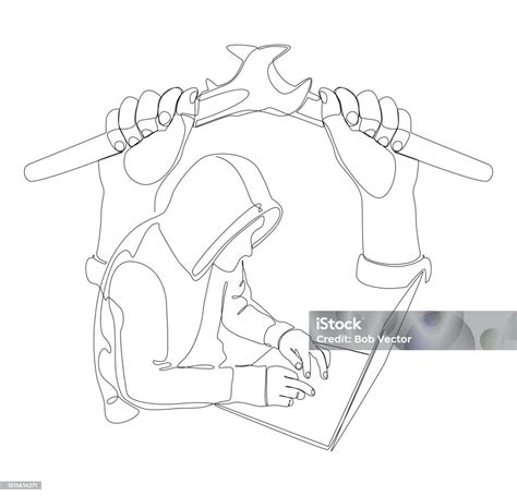 one continuous line of computer hacker with laptop and wrench thin line