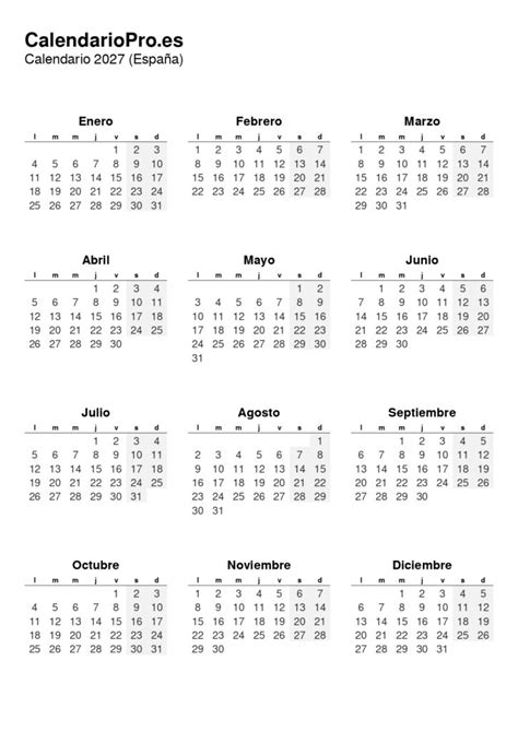 Calendario 2027 Festivos Y Números De Semana