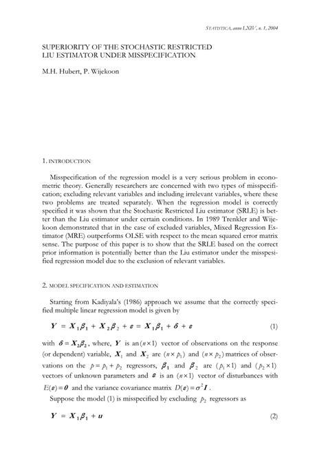 Pdf Superiority Of The Stochastic Restricted Liu Estimator Under Misspecification