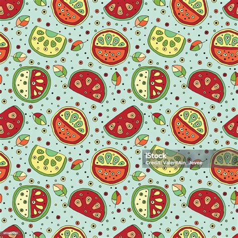 원활한 벡터 손으로 그려 과일와 유치 한 패턴 귀여운 아이가 수 박 잎 씨앗 삭제합니다 낙서 스케치 만화 스타일 배경 선 그리기 끝 없는 반복 견본 건강한 식생활에 대한