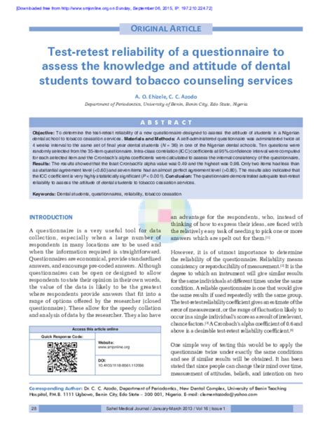 Pdf Test Retest Reliability Of A Questionnaire To Assess The