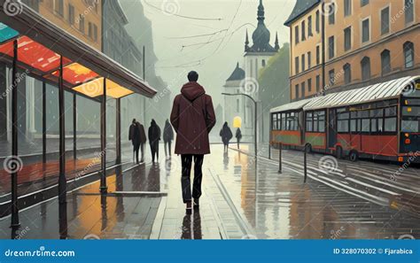 Man At The Bus Station On A Rainy Day Stock Illustration Illustration Of Vehicle Pedestrian