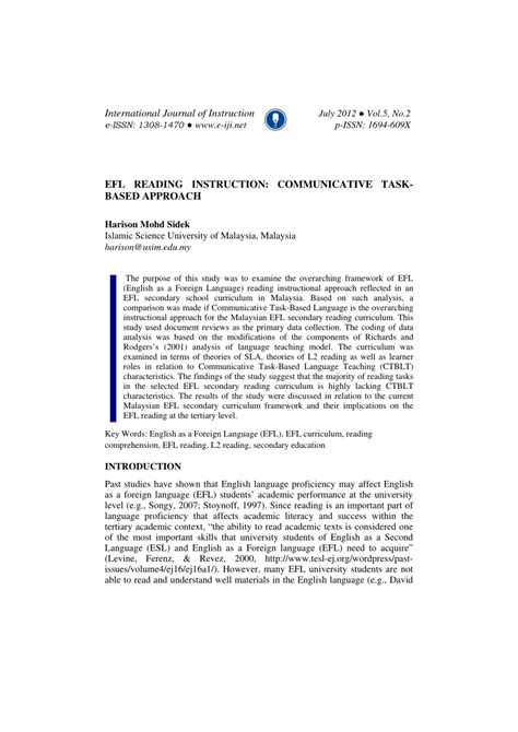 Pdf Efl Reading Instruction Communicative Task Based Approach