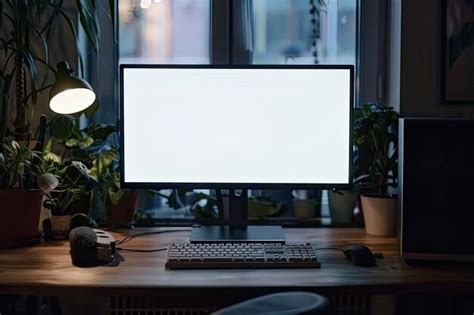 Desktop Computer On Workspace Table Showing Blank White Screen