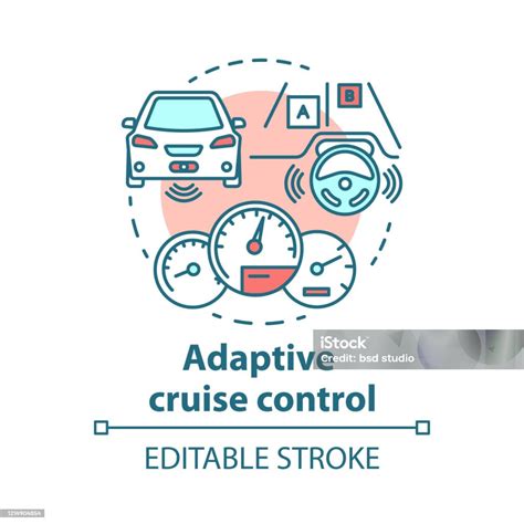 어댑티브 크루즈 컨트롤 컨셉 아이콘 도로 충돌을 피하기 위한 시스템 자율 주행 자동차 자동 조종 장치 차량 아이디어 얇은 라인 그림입니다 벡터 절연 윤곽선 도면 편집 가능한