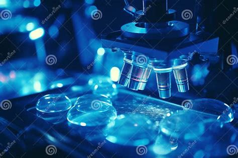 Lab Technician Analyzing Biomaterial Samples Under Microscope Observing Cell Structures Stock