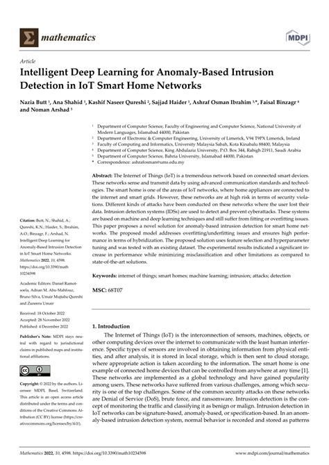 PDF Intelligent Deep Learning For Anomaly Based Intrusion Detection In IoT Smart Home Networks