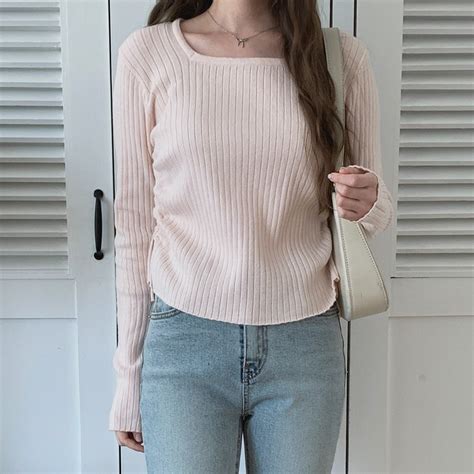 여자 슬릿 슬림 골지 잔주름 스퀘어넥 롱슬리브 Ss 티셔츠