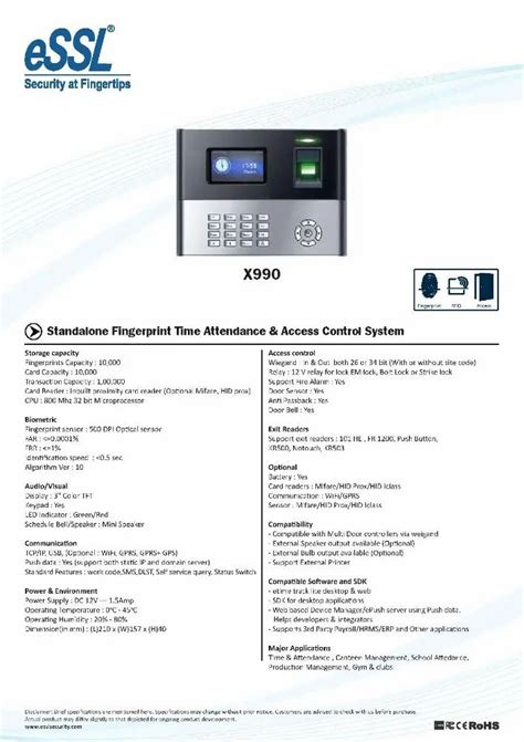 Fingerprint Scanner Essl Biometrics Time Attendance And Access System Model Name Number X990 At