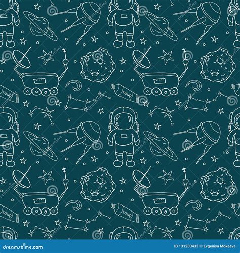 seamless pattern with hand drawn different space objects stock