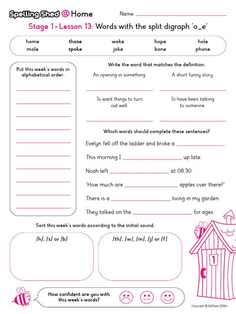 Stage 1 Lesson 13 Words With The Split Digraph O E Homework Sheet Pdf