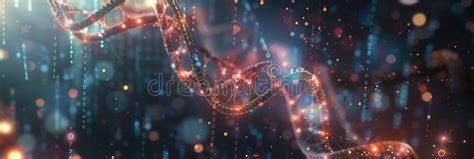 a detailed 3d dna strand displays overlaying digital data including binary code and data streams