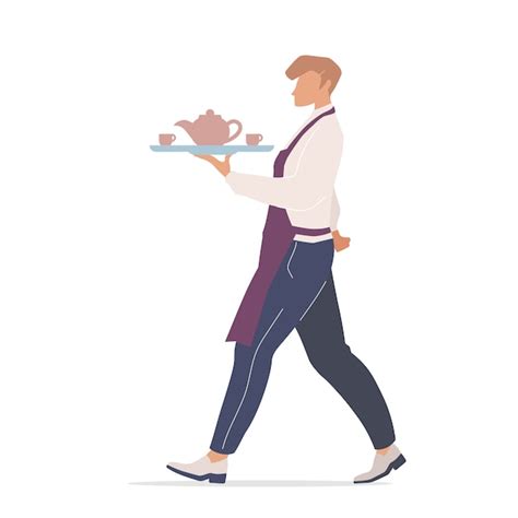 카페 웨이터 플랫 컬러 얼굴없는 캐릭터 프리미엄 벡터