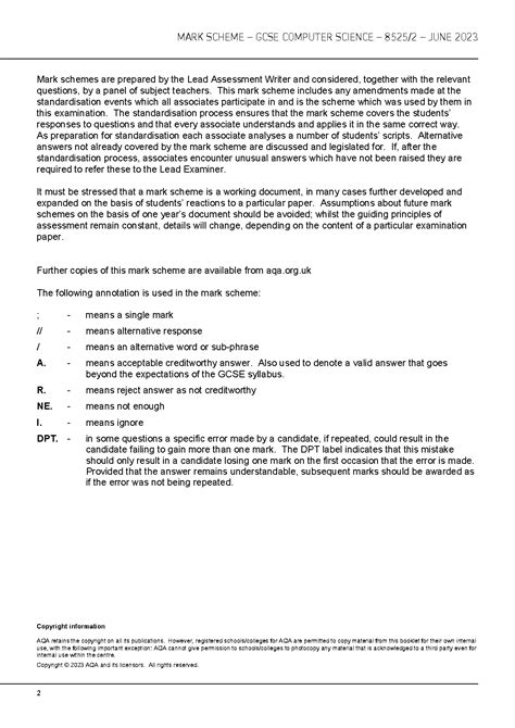 Aqa Gcse Computer Science Paper 2 2023 Mark Scheme 8525 2 Computing Concepts
