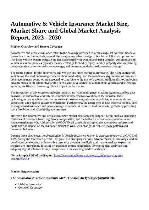Reportprime Automotive And Vehicle Insurance Market Size Market Share And Global Market