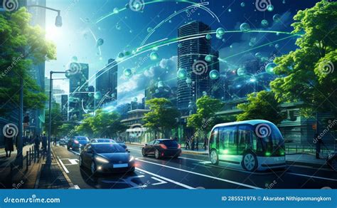 Smart City Futuristic Cityscape With Light Trails Connect With Wave