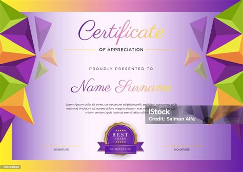 현대 우아한 다채로운 디플로마 인증서 템플릿 고급 배지와 현대적인 라인 패턴이있는 업적 테두리 템플릿 인증서 수상 비즈니스 및 교육 요구 사항 감탄에 대한 스톡 벡터 아트