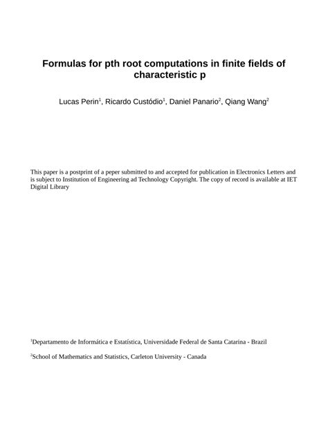 Pdf Formulas For Pth Root Computations In Finite Fields Of