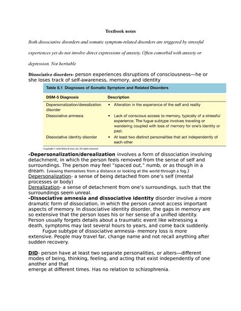 Ch 8 Dissociative Disorders And Somatic Symptom Related Disorders Textbook Notes Both