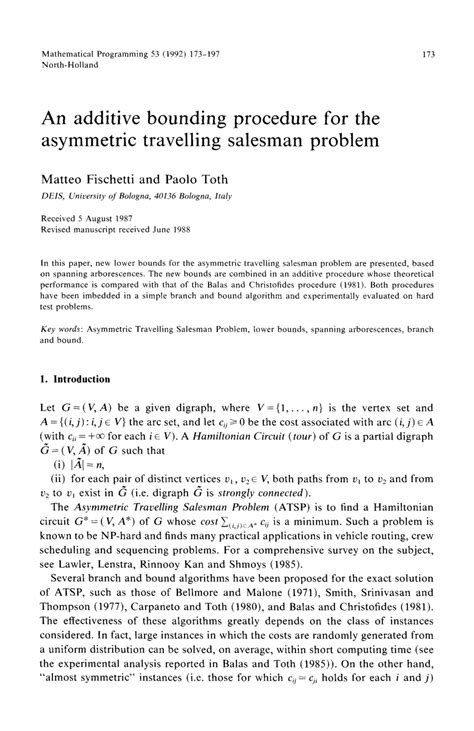 Pdf An Additive Bounding Procedure For The Asymmetric Travelling Salesman Problem