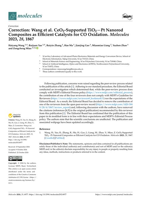 Pdf Correction Wang Et Al Ceo2 Supported Tio2−pt Nanorod Composites As Efficient Catalysts