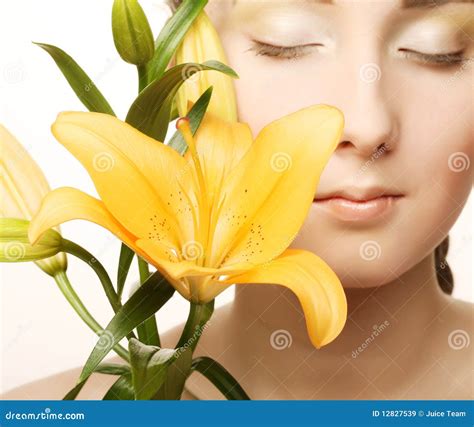 Woman Face With Yellow Lily Flower Stock Image Image Of Lily Lifestyle 12827539