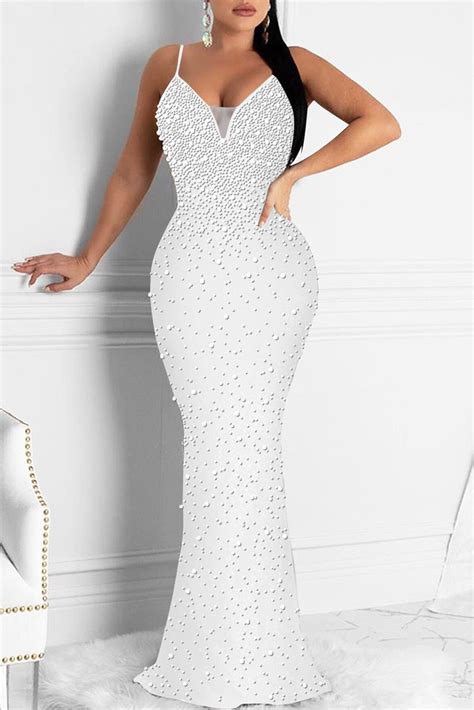Wholesale White Fashion Sexy Patchwork Hot Drilling Backless Spaghetti