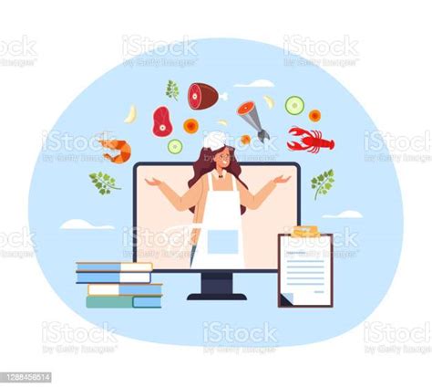 여성 요리사가 온라인으로 요리하는 방법을 가르치고 있습니다 인터넷 웹 레시피 튜토리얼 레슨 교육 수업 개념 벡터 플랫 그래픽 디자인 일러스트레이션 여자에 대한 스톡 벡터