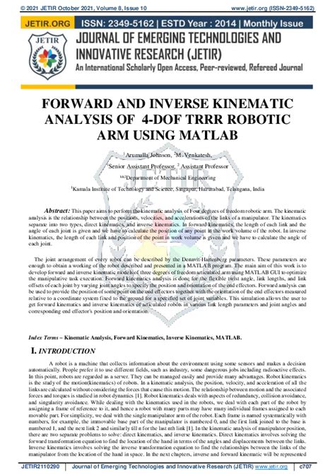 Pdf Forward And Inverse Kinematic Analysis Of 4 Dof Trrr Robotic Arm Using Matlab