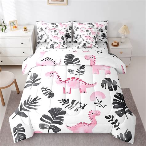 Cartoon Dinosaur 7 Pcs Comforter Set Twin Sizewatercolor Palm Leaves