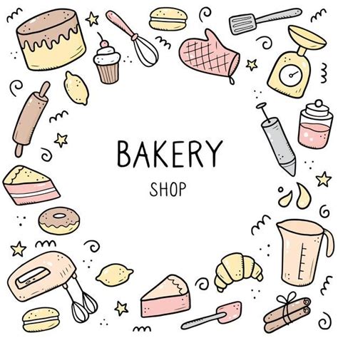 손으로 그린 베이킹 및 요리 도구 믹서 케이크 숟가락 컵 케 익 규모의 집합입니다 낙서 스케치 스타일 프레임 포스터 배너 메뉴 요리 책 베이킹 샵