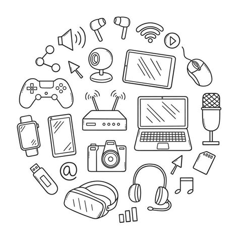 Gadgets Doodle Set Keyboard Headphones Computer Mouse Watch In