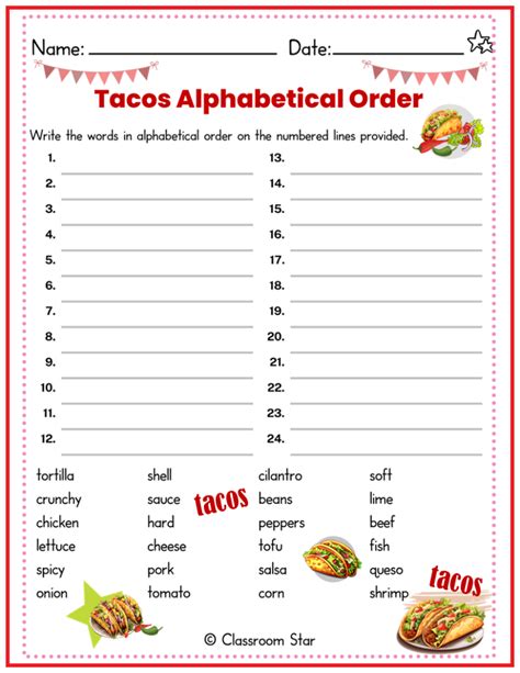 Tacos Alphabetical Order Worksheet Classroom Star Worksheets