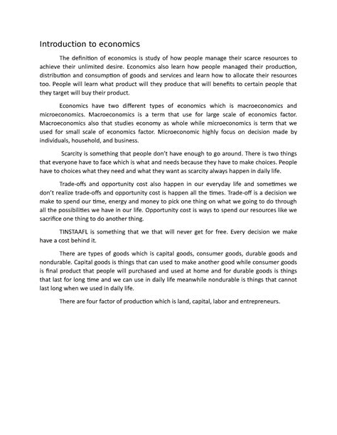 Introduction TO Economics Answer FOR Tutorial Introduction To Economics The Definition Of