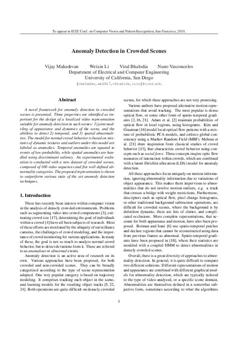 Pdf Anomaly Detection In Crowded Scenes