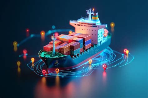 Container Ship With Cargo Navigating Through Digital Maritime Routes And Location Markers Stock