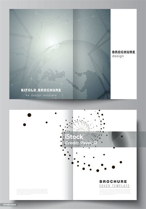 두 개의 A4 형식 표지 모형의 벡터 레이아웃은 양면 브로셔 잡지 전단지 소책자 연례 보고서에 대한 템플릿을 디자인합니다 기술 과학 미래 개념 추상미래 배경 0명에 대한