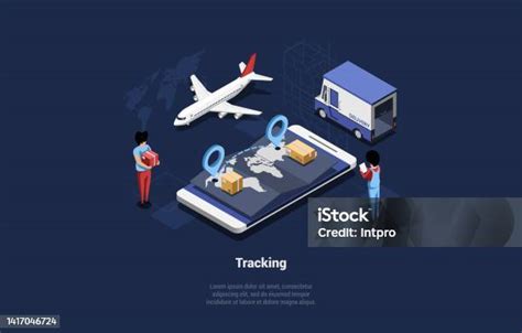 Gps 추적 창고 택배 배달의 개념 스마트 폰 트럭 비행기 및 문자 분류 소포와 실시간 위성 Gps 추적 시스템 아이소메트릭 3d 카툰 벡터 일러스트 레이 션 배달에 대한
