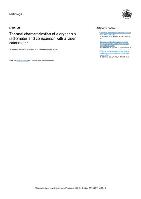 Pdf Thermal Characterization Of A Cryogenic Radiometer And Comparison With A Laser Calorimeter