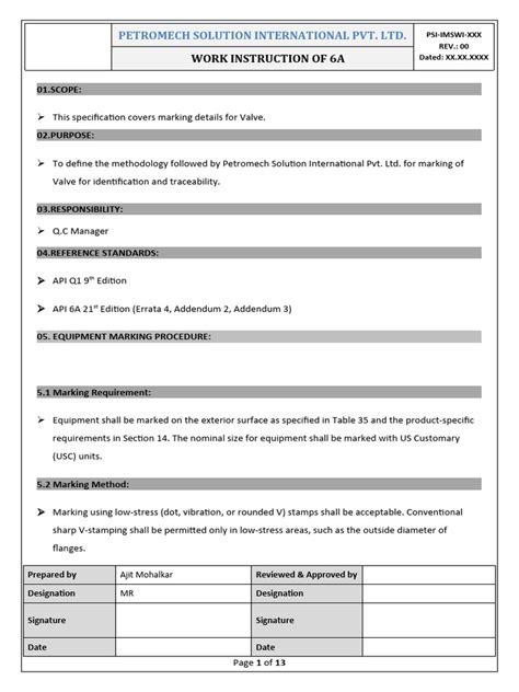 Marking Procedure Api 6a Send Pdf Valve Pipe Fluid Conveyance