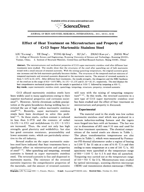 Sciencedirect Effect Of Heat Treatment On Microstructure And Property Of Cr13 Super Martensitic