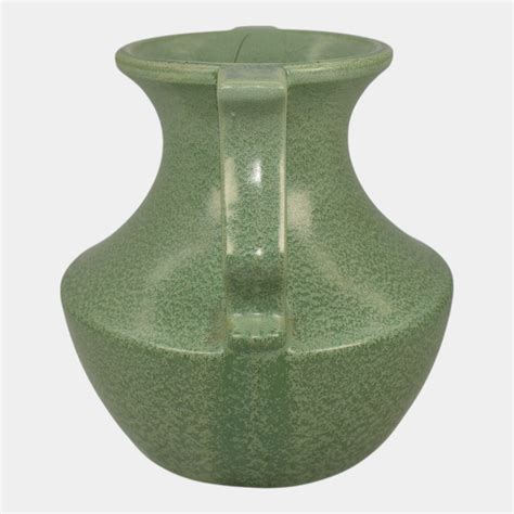 Haeger 1920s Art Pottery Geranium Leaf Frosted Matte Green Handled Vas
