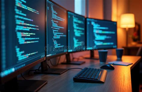 multiple computer monitors display code modern tech workplace